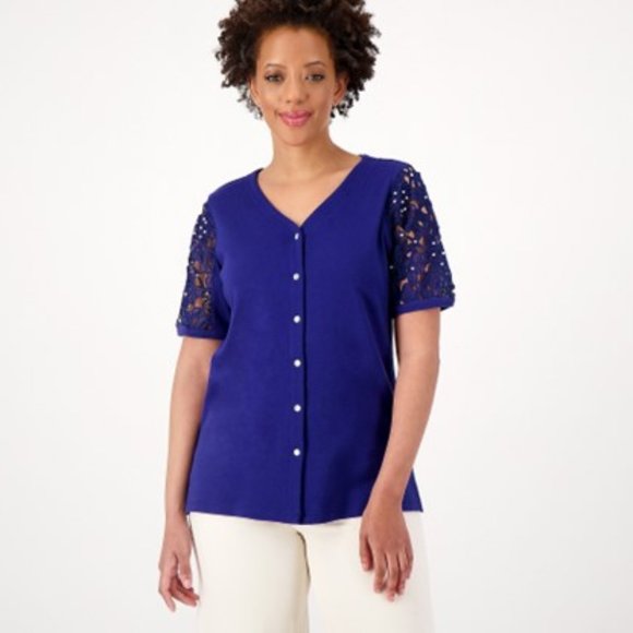 Quacker Factory | Tops | Quacker Factory Pearl And Lace Snap Front ...